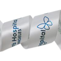China Personalized Custom Polyester Satin Ribbon With Blue Foil Logo – Luxury Branding Ribbon for sale