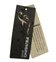 China Recycled Silver Paper Swing Tags Luxury Clothing Hangtag Emboss Black Foil Logo for sale