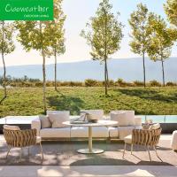 China Outdoor Garden Sofa Luxury Teak Wood Patio Furniture Set with Water-Resistant Fabric Cushion for sale