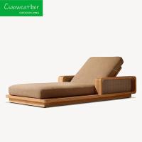 China Hotel Function Patio Garden Outdoor Furniture Weathered Solid Wood Daybed Lounge Chaise with Waterproof Cushions for sale