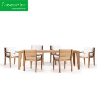China Outdoor Furniture Courtyard Dining Table And Chair Set With Cushioned Teak Chair And Water-Resistant Cushion For Outdoor for sale