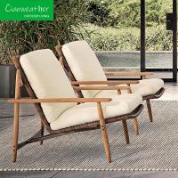 China Outdoor Sofa Lounge Chair Made of Solid Teak Wood with Woven Leather Seats and Sunproof Cushion in Customized Color for sale