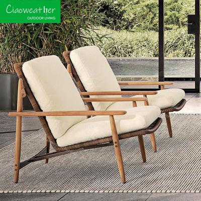 China Outdoor Sofa Lounge Chair Made of Solid Teak Wood with Woven Leather Seats and Sunproof Cushion in Customized Color for sale