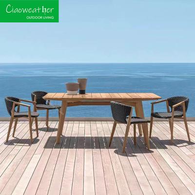China NO Folded Teakwood Dining Furniture Set Woven Rope Chairs for Hotel Gardens for sale