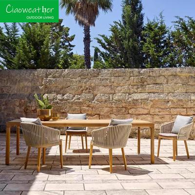 China Waterproof Cushioned Teakwood Dining Chair Set for Modern Hotel Outdoor Furniture in Villa Garden Patio for sale