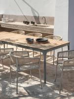 China Customized Designs Luxury Patio Furniture Set Solid Wood Dinning Table with Teak Wood Tabletop and 6 Plastic Wood Chairs for sale
