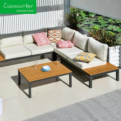 China Teakwood Top Garden Sofa Aluminum Frame Patio Sofa for Aluminium Outdoor Restaurant Furniture for sale