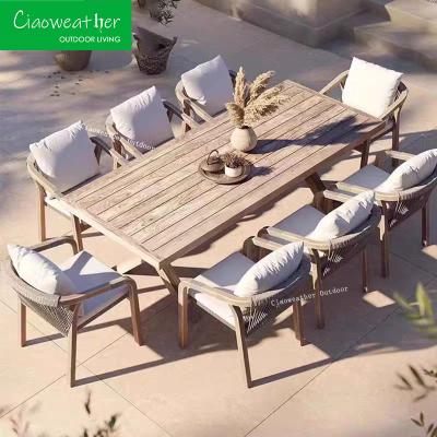 China Hotel Outdoor Standard Patio Rope Weaving Teak Wood Garden Table and Chair Set for Dining Furniture for sale