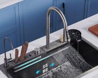 China Nano Black Step Kitchen Sink 304 Stainless Steel Handmade Above Mount Waterfall Faucet for sale
