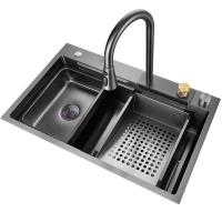 China Modern Black Stainless Steel Kitchen Sink with Glass Rinser and Waterfall Design for sale