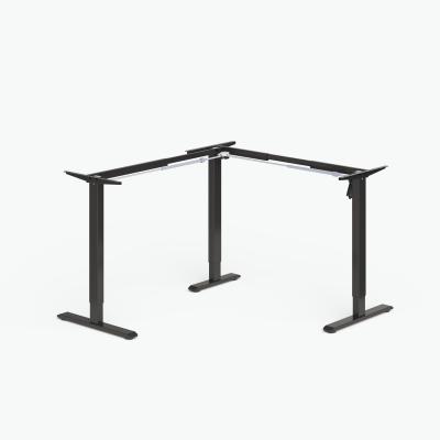 China 80KG Max Load Basic Electric Corner Standing Desk Frame Single Motor 3 Reversed Legs With 2 Stages for sale