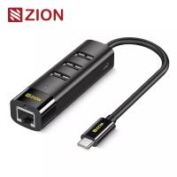 China Type-C/100Mbps Ethernet Adapter + 3-Port USB 2.0 Hub Black  All-in-One USB-C Network And Expansion Solution for sale