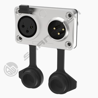 China Outdoor 2-XLR 3-Pin Female  Metal Silver XLR 3 Pole Male Socket Connector XLR 3 Pole Female and Male Combination 2 In1 IP65 for sale