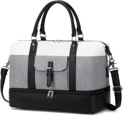China Canvas Large Weekender Foldable Carry On Travel Duffel Bag with leather shoes compartment for sale