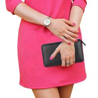 China Small Luxury Custom Cosmetic Bag Black Leather Makeup Pouch Women 7X1X3.9 Inch for sale