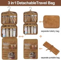 China 3 In1 Makeup Toiletry Travel Bag Brown Leather Water-Resistant Hanging With Hooks for sale