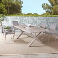 China Outdoor Metal Patio Garden Dining Table Set With 3m Wood Table And Balcony Lounge Chairs for sale