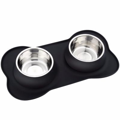 China Factory Direct Sale Silicone Pet Bed with Stainless Steel Double Dog Bowls, Pet Bowl & Pet Pad, Stainless Steel Silicone Double Dog Bowls for sale