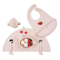 China Factory Direct Suction Cup Compartmentalized Silicone Dinner Plate, Baby Plate with Fork and Spoon, Cute Dinosaur Kids Baby Food Bowl Feeding Set for sale