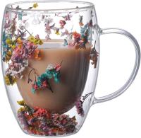 China 350ml 12oz Double Wall Borosilicate Glass Coffee Cup with Dry Flower Transparent for sale