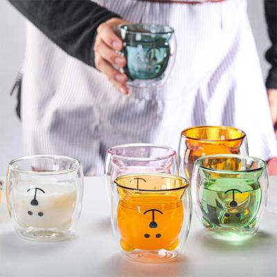 China Colored Animal Shaped Double Wall Glass Mug 250ml Bear Cup Modern Style High Borosilicate for sale