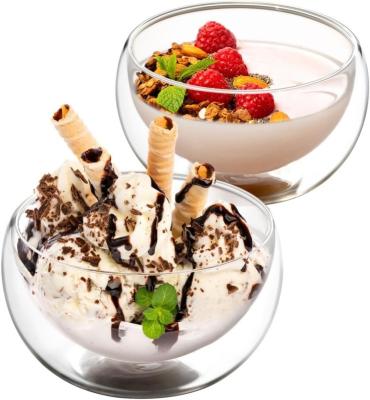 China High Borosilicate Double Wall Glass Bowl 300ml 400ml 500ml for Ice Cream Yogurt Dessert for sale