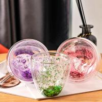 China Heart Shape Double Wall Glass Mug 250ml 300ml with Glitter Custom Logo Gift Box for sale