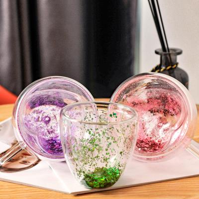 China Heart Shape Double Wall Glass Mug 250ml 300ml with Glitter Custom Logo Gift Box for sale