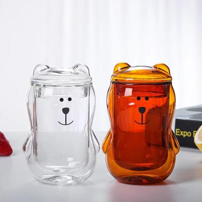 China Double Wall Bear Shape Glass Cup 300ml Heat Insulation Borosilicate Coffee Teacup for sale