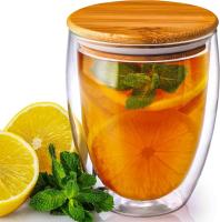 China Double Wall Glass Tea Mug Set 350ml Reusable Coffee Mugs with Bamboo Lid Amber Color for sale