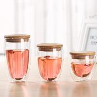 China 250ml 350ml 450ml Double Wall Glass Mug with Bamboo Lid High Borosilicate Glass Cup for sale