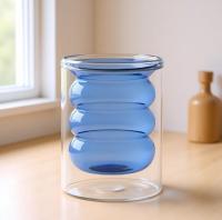 China Ripple Borosilicate Glass Double Wall Cup Insulated 200ml 350ml 600ml 800ml Coffee Milk Tea for sale