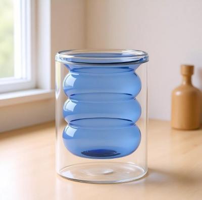 China Ripple Borosilicate Glass Double Wall Cup Insulated 200ml 350ml 600ml 800ml Coffee Milk Tea for sale