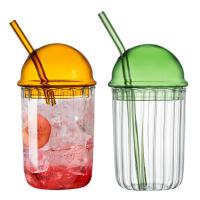 China Custom High Borosilicate Glass Tumbler 430ml with Dome Lid and Straw for Coffee Tea Bubble Drink for sale
