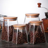 China Borosilicate Glass Storage Jar with Bamboo Lid Trapezoid Shape 500ml for sale