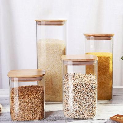 China Borosilicate Glass Storage Jar Square Food Containers 200ml to 2000ml with Bamboo Lid for sale