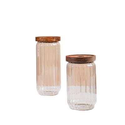 China Borosilicate Glass Jar with Acacia Wood Lid 350ML to 1300ML Airtight Food Storage for sale