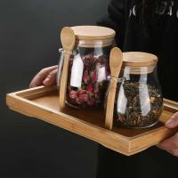 China Borosilicate Glass Canister Spice Jar 350ml 600ml 1000ml with Bamboo Lid Spoon for sale