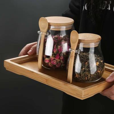 China Borosilicate Glass Canister Spice Jar 350ml 600ml 1000ml with Bamboo Lid Spoon for sale