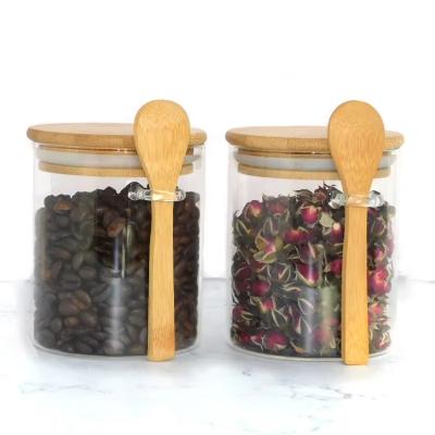China Borosilicate Glass Spice Jar 200ml with Bamboo Lid for Kitchen Storage for sale