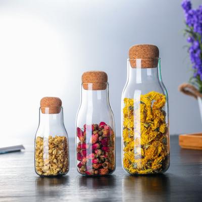 China Borosilicate Glass Storage Jar with Cork Lid 200 300 650ml BPA Free Dishwasher Safe for sale