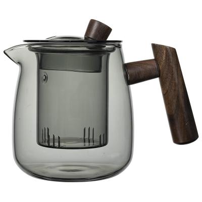 China 450ml Borosilicate Glass Tea Pot with Wooden Handle Custom Logo for sale