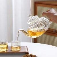 China 600ml 20oz Pumpkin Ribbed Glass Teapot High Borosilicate Heat Resistant Stovetop Safe Coffee Pot for sale
