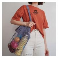 China Organic Cotton Reusable Mesh Grocery Bags 35x40cm Produce String Shopping Bags with Long Handles for sale