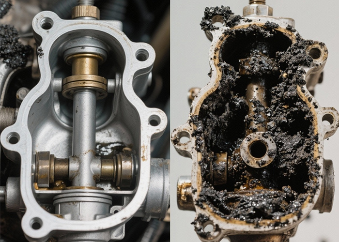 Comparison of dirty vs cleaned carburetor showing carbon buildup removal