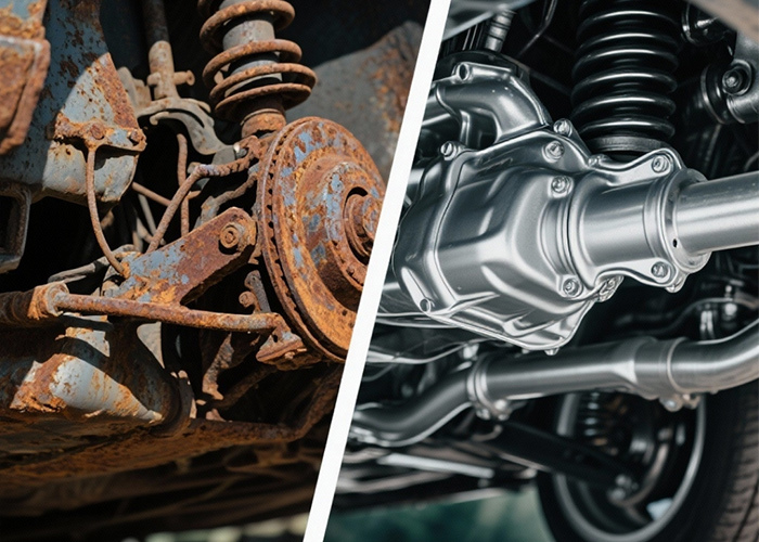 Comparison of car undercarriage with rust and without rust after using anti rust lubricant
