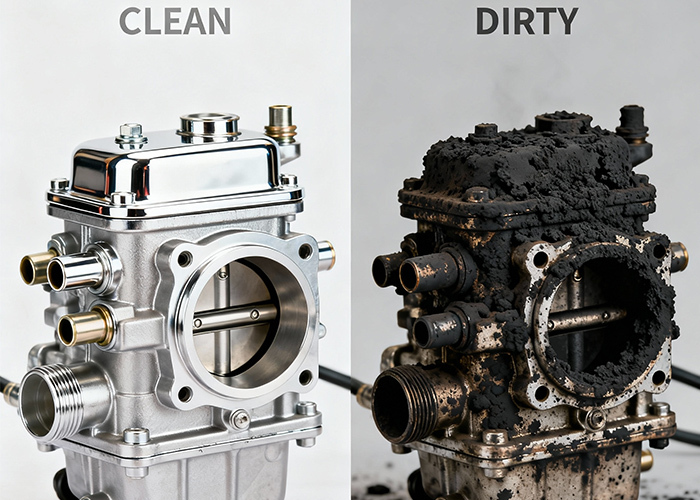 Comparison of clean carburetor and carburetor with carbon deposits