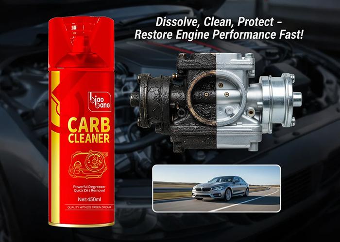 Close-up of a car engine being sprayed with carburetor cleaner, illustrating the product's ability to dissolve deposits, clean components, and protect engine performance
