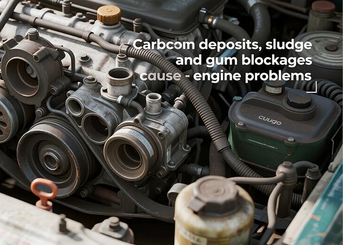 Car engine with carbon deposits and sludge, illustrating problems like starting difficulties, unstable idling, lagged acceleration, increased fuel consumption, and excessive exhaust emissions.