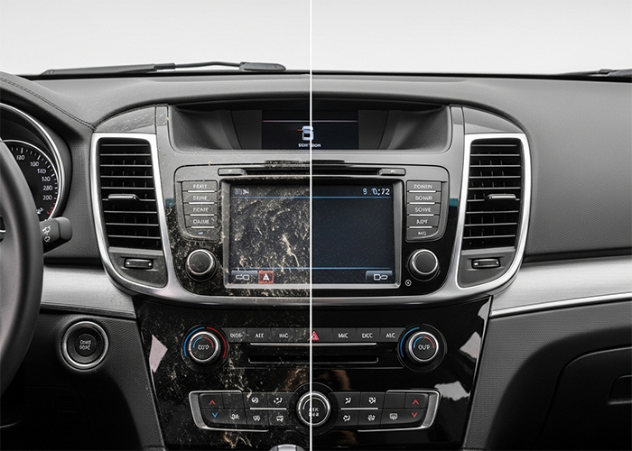 Comparison of car dashboard before and after polishing, highlighting common mistakes to avoid